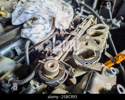 old inline 4 cylinder combustion gasoline engine with dismounted air ...