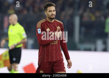 Devyne Rensch of AS Roma looks on during the Serie A Enilive match ...