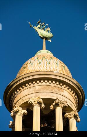 A weathervane, a copper model of the Mayflower, sits above the Pilgrim ...