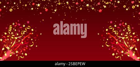 Party popper explosion with red and golden confetti on scarlet ...