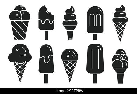 Popsicle silhouette icon clipart set. Ice cream black drawing contour ...