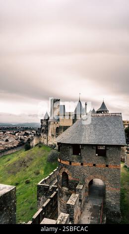 Stone ramparts with towers, gate towers, moat in medieval Provins ...