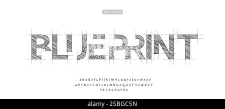 Architectural project font, technical draw style alphabet. Geometrical ...