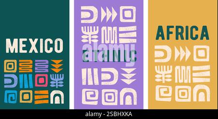 Abstract ethnic pictogram backgrounds. African boho art cards, posters ...