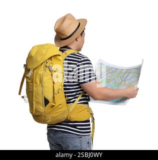 Traveller with map and backpack on white background Stock Photo - Alamy