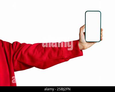 Hand holding a smartphone with blank red and orange screen. White ...