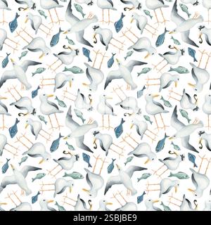 Watercolor seamless pattern with flying and standing seagulls. Minimal ...