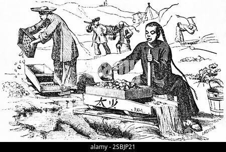 Chinese gold miners using the cradle or rocker method during the ...