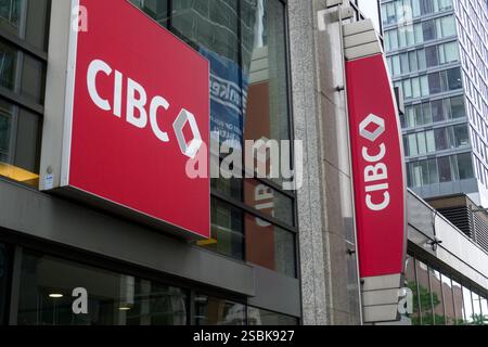 Toronto, ON, Canada –April 14, 2024: Close-up of CIBC sign on the ...