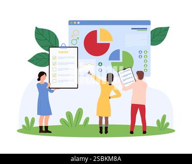 Tiny people conducting sociological surveys with charts and checklists ...