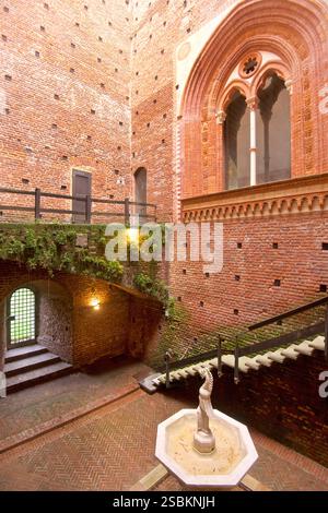 Brickwork courtyard with fountain inside Castello Sforzesco. Sforza ...