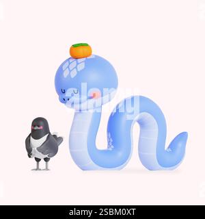 Magpie and blue snake characters greeting each other politely Stock ...