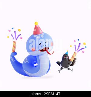 A snake and a magpie wearing a cone hat and setting off firecrackers ...