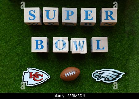 February 3, 2025, United States. Emblems of the 2025 Super Bowl teams ...