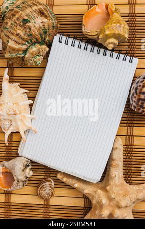 Blank writing book with summer beach accessories on background, copy ...