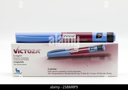 Victoza liraglutide injection pen. Italian package. White background ...