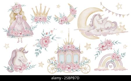 Watercolor set with unicorn and castle in white Stock Photo - Alamy