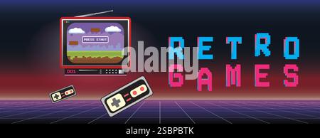 Retro games banner with 1980's tv set and gamepads against the ...
