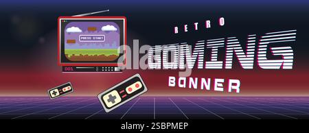 Retro games banner with 1980's tv set and gamepads against the ...