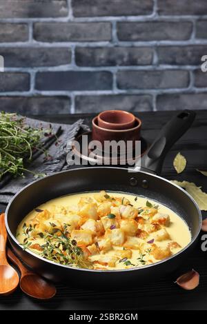 alaska pollock cubes browned and poached in cream saffron sauce with ...