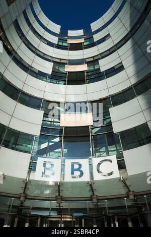 BBC logo letters on glass screen above the entrance door / doors of the ...
