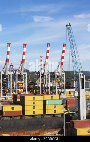 High angle view of stacked MSC, TEX and NileDutch metal box shipping ...