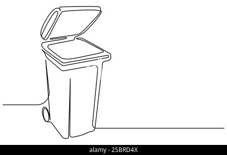 continuous single line drawing of trash can overflowing with trash bags ...