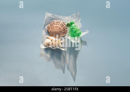 Sea shells and plastic bottle vacuum-sealed pack. Nature vs plastic ...