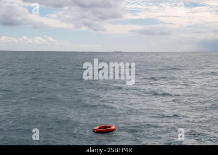 Life elt trailing from a catamaran on the Atlantic Ocean in Cape Verde ...