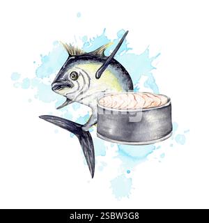 Canned tuna fillet watercolor. Hand-drawn packed ocean fish on a white ...