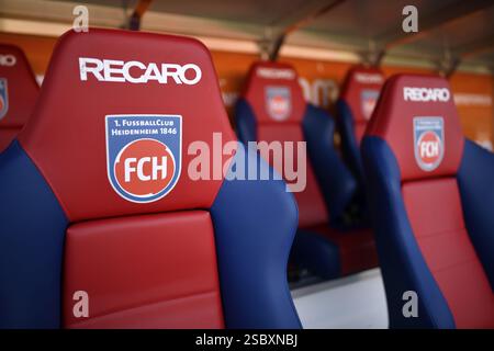 bench, bench, empty, logo, Recaro, seats, Voith-Arena, Heidenheim ...