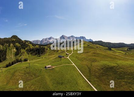 Drone shot, Hochalm, Loferer Alm with view to the Loferer Steinberge ...