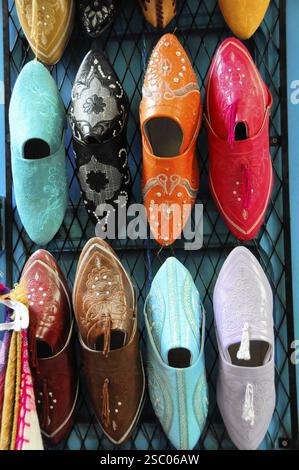 Chefchaouen, Rif Mountains, Morocco, Various colourful fabrics with ...