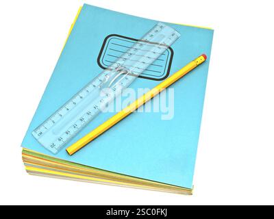 colored notebooks, colored pencils on a light table. Place for your ...