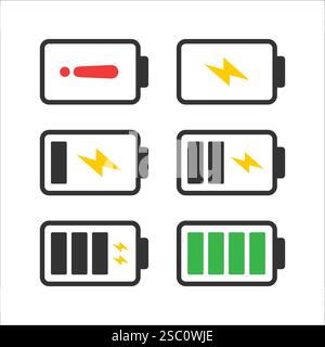 Set of Battery charging charge indicator icon sign symbol. Low full and ...