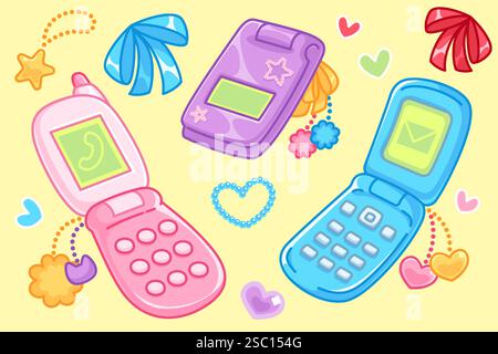 Pink retro flip phone cartoon drawing, simple and cute hand drawn ...