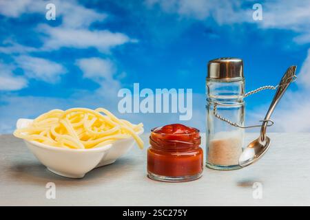 Puppets of dishes for spices cooked spaghetti with ketchup Stock Photo ...