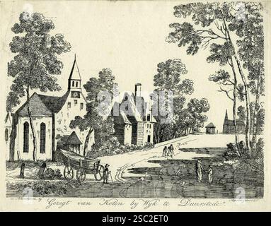 Gezicht op het dorp Cothen met links een hoektoren van kasteel ...