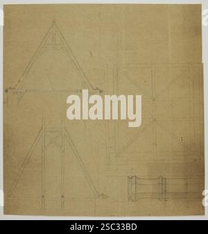 Plattegrond en doorsneden van de kapconstructie van het ontwerp voor de ...