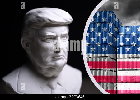 FOTOMONTAGE, Büste von US-Präsident Donald Trump im Profil vor Fahne ...