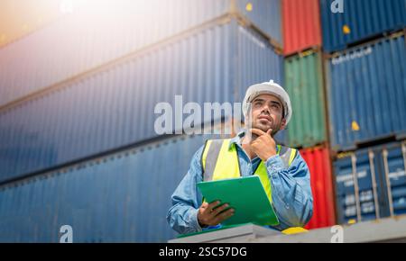 Engineer wears PPE checking container storage with cargo container ...