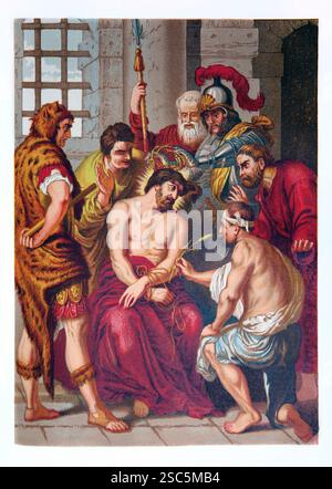The "Mocking of Jesus" with the crown of thorns and a robe, depiction ...