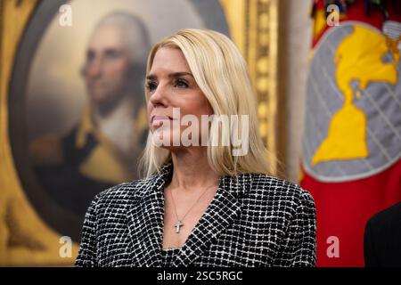 Attorney General Pam Bondi looks during a press conference in the Oval ...