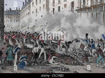 France. Paris. 1830 Revolution. Attack and defense of a barricade ...