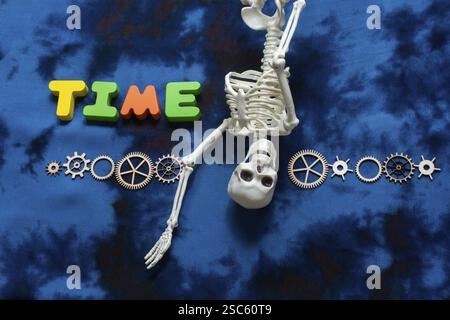 Time wording, cogwheels and artificial skeleton as time concept Stock ...