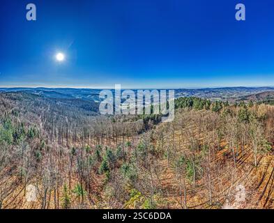 Panoramic view from Tromm observation tower in Odenwald towards the ...