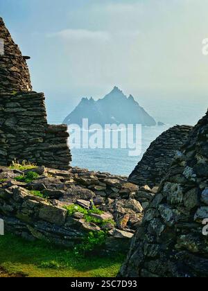A view of Little Skellig from Great Skellig through its beehive ...