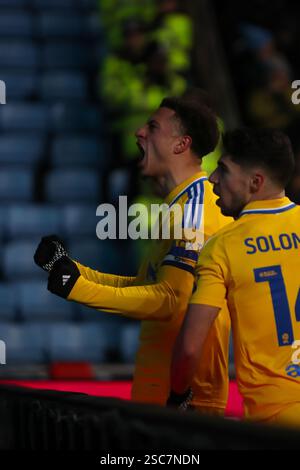 Ethan Ampadu (Leeds United) celebrates in front of the Leeds fans, in ...