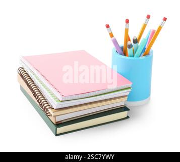 Stack of different notebooks and markers on red background Stock Photo ...