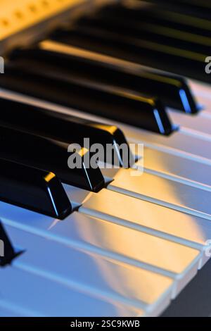 Digital piano in dark wood color high angle view isolated on white ...